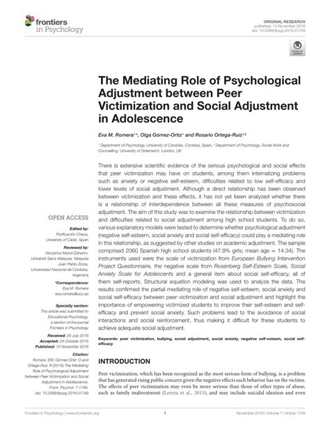 Pdf The Mediating Role Of Psychological Adjustment Between Peer