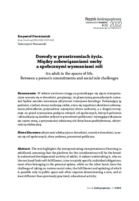 Pdf Dorosły W Przestrzeniach życia Między Zobowiązaniami Osoby A Społecznymi Wyzwaniami Roli