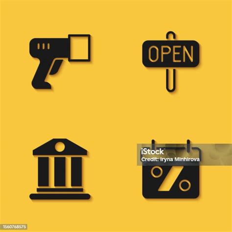 스캐너 스캔 바코드 할인 퍼센트 태그 은행 건물 및 텍스트가 있는 교수형 기호를 긴 그림자가 있는 아이콘 열기로 설정합니다 벡터 0명에 대한 스톡 벡터 아트 및 기타 이미지