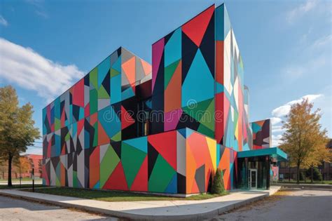 A Modern Building With An Abstract Facade Featuring Geometric Shapes And Bold Colors Stock