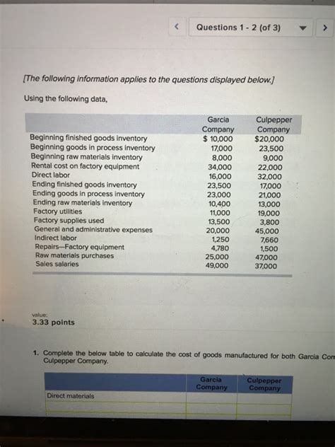 Solved Questions 1 2 Of 3 The Following Information
