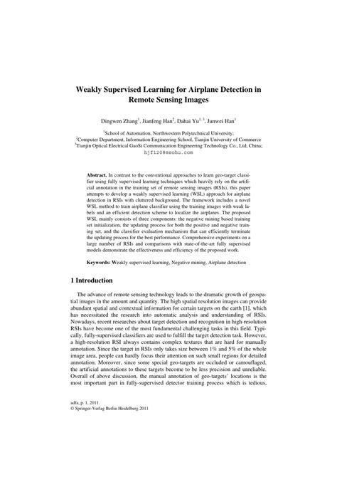 Pdf Weakly Supervised Learning For Airplane Detection In Remote Sensing Images