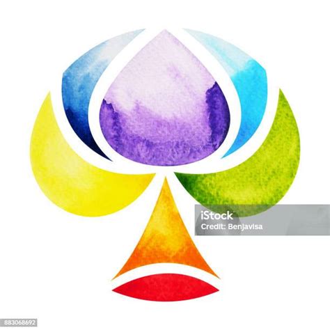차크라 기호 개념 꽃 꽃 나무 수채화 그림 손으로 그린 아이콘 로고 일러스트 레이 션 디자인 로그인의 7 색 0명에 대한 스톡