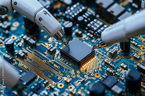 Detailed View Of Robotic Arms Assembling Microchip On Circuit Board