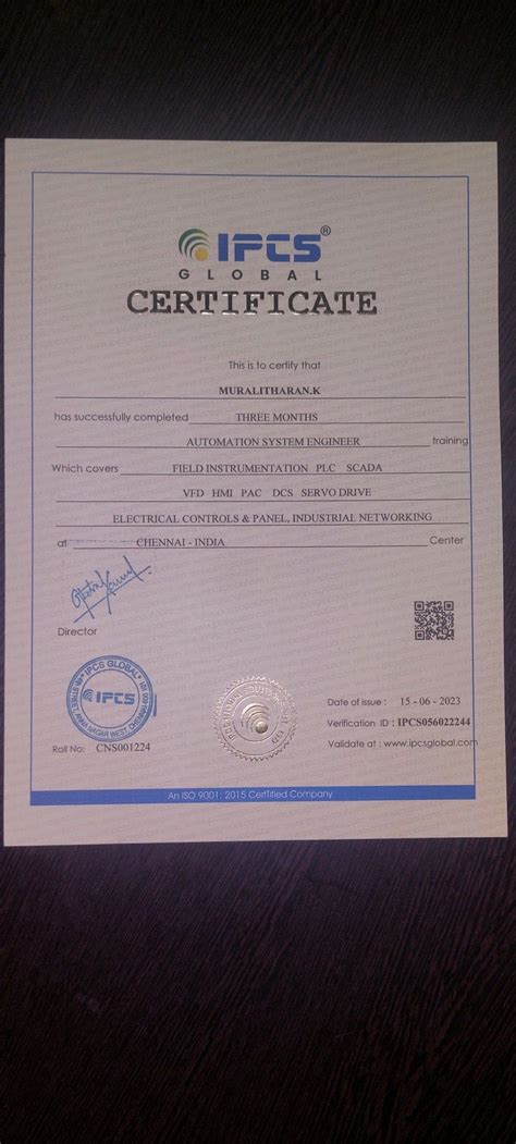 Completed Automation System Engineer Course At Ipcs Global Pvt Ltd Muralitharan K