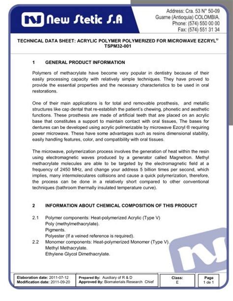 TECHNICAL DATA SHEET ACRYLIC POLYMER New Stetic