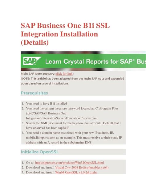 Sap Business One B1i Ssl Integration Installation Pdf Public Key Certificate System Software