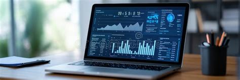 Professional Workspace Featuring Laptop With Business Analytics Dashboard And Digital Charts For