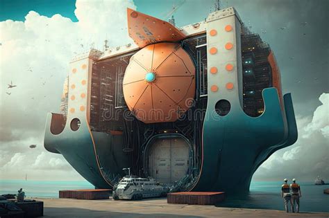 Autonomous Cargo Ship Docks At Futuristic Port Ready For Unloading Stock Illustration