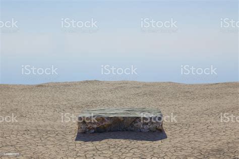 Abstact 3d 렌더링 여름 장면 및 자연 연단 배경 금이 간 마른 땅을 배경으로 한 바위 연단은 제품 스탠드 디스플레이