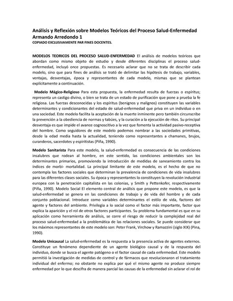 Modelos Teoricos Del Proceso Salud Doc Word Análisis Y Reflexión