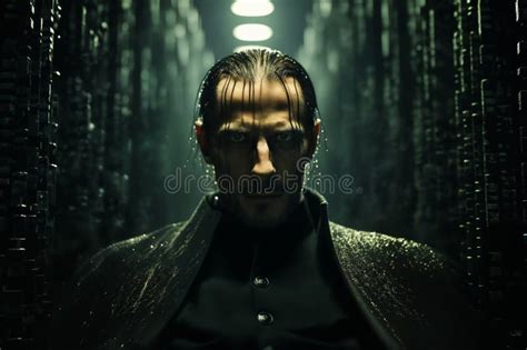 Portrait Of A Man On A Dark Green Background Looks Like A Hacker Particles Of Light