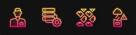 라인 데이터 스트림 애널리스트 엔지니어 서버 및 장비 클라우드 기술 데이터 전송을 설정합니다 빛나는 네온 아이콘입니다 벡터 기어 기계 부분에 대한 스톡 벡터 아트 및 기타