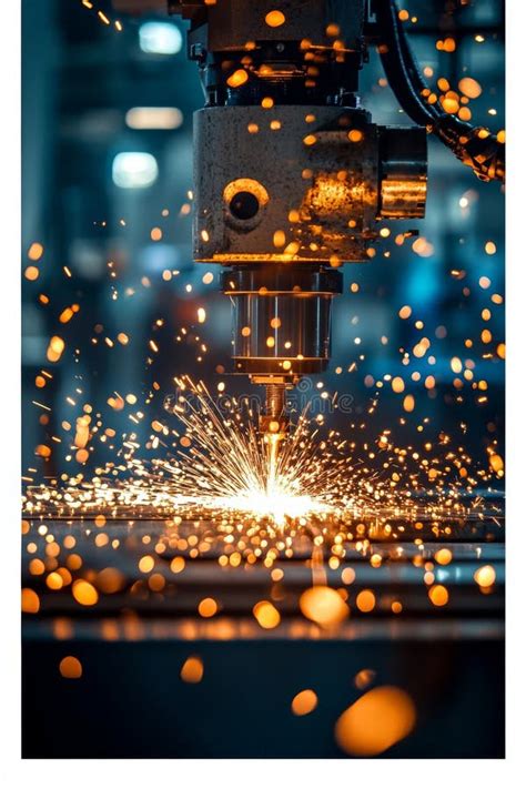 Industrial Laser Cutting Machine In Action Creating Sparks And Precise Cuts In Metal Stock