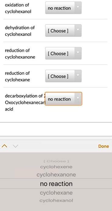 Solved Oxidation Of Cyclohexanol No Reaction Dehydration Of Cyclohexanol Choose Reduction Of