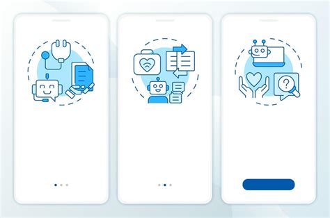 Types Of Medical Chatbots Blue Onboarding Mobile App Screen Walkthrough 3 Steps Editable