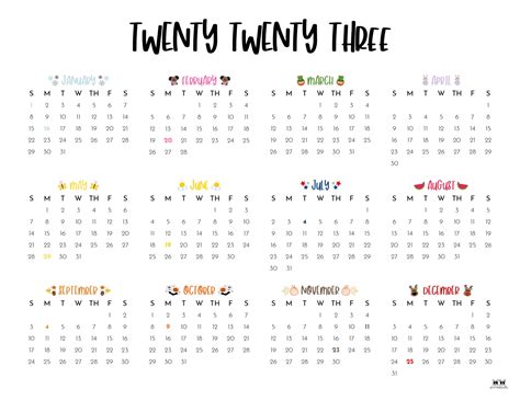 2023 Yearly Calendars 28 Free Printables Printabulls