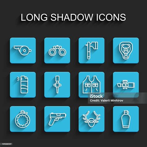 세트 라인 매점 물병 권총 또는 총 호루라기 방패에 사슴 뿔 횃불 불꽃 스나이퍼 광학 시력 및 사냥 재킷 아이콘 벡터 개성