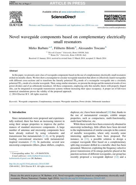 Pdf Novel Waveguide Components Based On Complementary Electrically Small Resonators Dokumentips