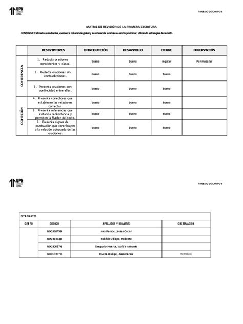 Tc 6 Matriz De Revision De La Primera Escritura Pdf