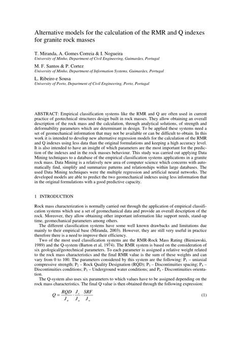 Pdf Alternative Models For The Calculation Of The Rmr And Q Indexes