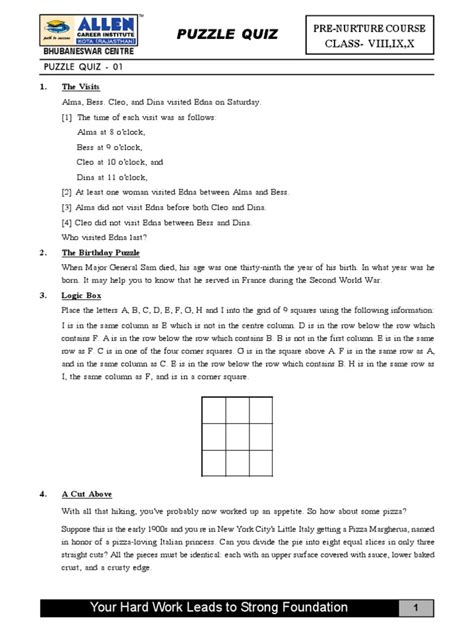 Puzzle Class 8 9 10 Pdf