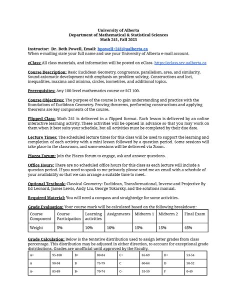 2023 Fall Math241 All Syllabus University Of Alberta Department Of Mathematical And Statistical