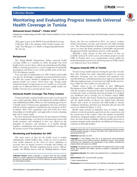 Pdf Monitoring And Evaluating Progress Towards Universal Health Coverage In Tunisia