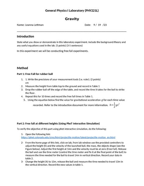 Lab Gravity Physics General Physics I Laboratory PHY L Gravity Name Leanna Lettman