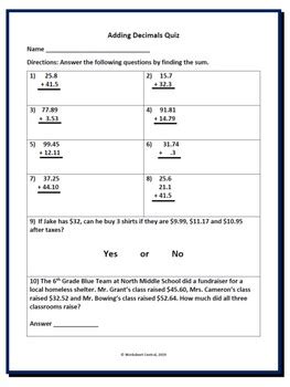 Differentiated Adding Decimals 10 Question Quiz By Worksheet Central