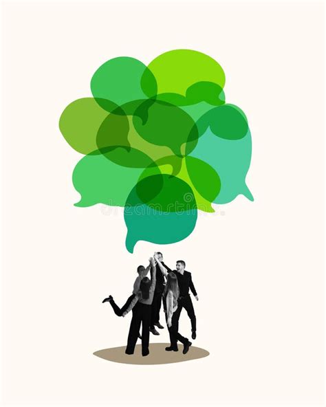 group of businesspeople under layered speech bubbles symbolizing efficient communication and