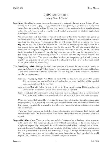 Cmsc 420 Lecture 4 Binary Search Trees Pdf
