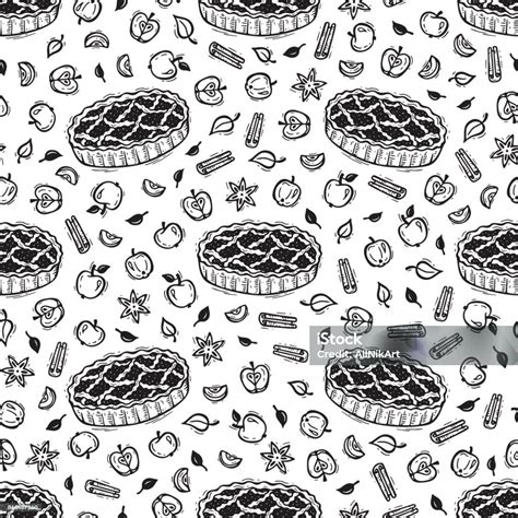 벡터 음식 배경입니다 손으로 그린 낙서 애플 파이 과일 사과 향료 완벽 한 패턴 단풍 행복 한 추수 감사절 하루입니다 휴일 요리 애플 파이에 대한 스톡 벡터 아트 및 기타