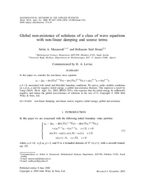 Pdf Global Non Existence Of Solutions Of A Class Of Wave Equations With Non Linear Damping And