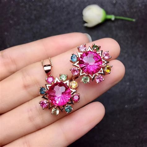 Natural Pink Topaz Jewelry Sets Natural Gemstone Ring Pendant 925