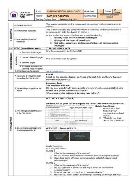 dll on oral communication week 9 pdf learning communication