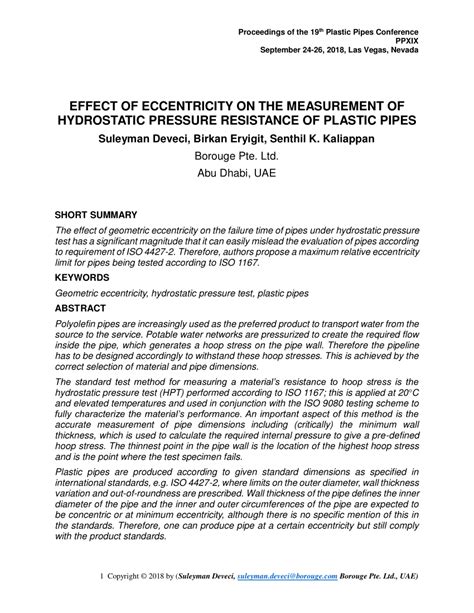 Pdf Effect Of Eccentricity On The Measurement Of Hydrostatic Pressure Resistance Of Plastic Pipes