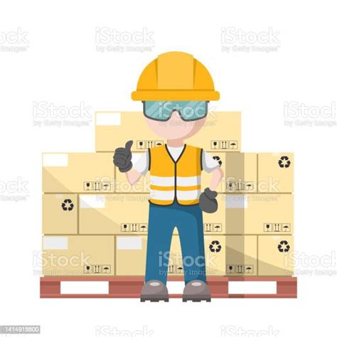 보관을 위해 팔레트에 쌓인 상자가있는 산업용 창고 운영자 제품의 산업 저장 및 유통 냉장고에 대한 스톡 벡터 아트 및 기타