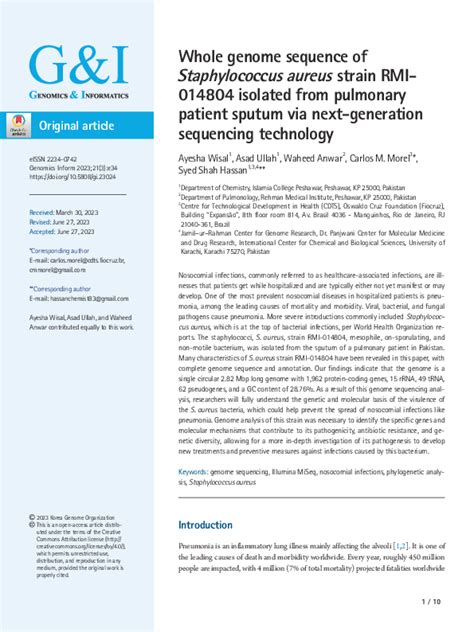 Pdf Whole Genomic Sequencing Of Staphylococcus Aureus Strain Rmi