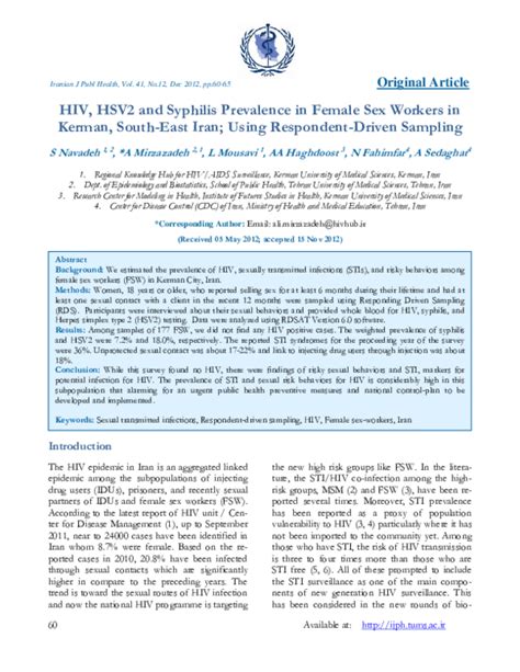 Pdf Hiv Hsv2 And Syphilis Prevalence In Female Sex Workers In Kerman