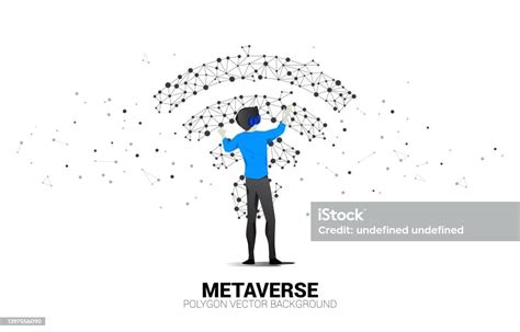 실루엣 사업가는 도트 연결 라인 회로 기판 스타일의 모바일 데이터 아이콘과 Vr 안경을 착용합니다 디지털 가상 현실 기술 및