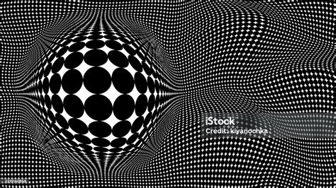 역동적인 흑백 착시 배경은 중앙에 3차원 구 효과를 만드는 뒤틀린 점 패턴을 특징으로 합니다 0명에 대한 스톡 벡터 아트 및 기타 이미지 Istock