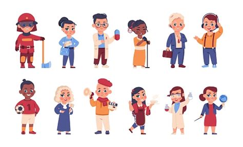 2009m30i010n013sc15380428930 유니폼에 어린이 다른 직업의 의상을 입은 만화 어린이 사업가 의사 소방관 직업을 연주하는 귀여운 행복한 아이들 벡터 격리