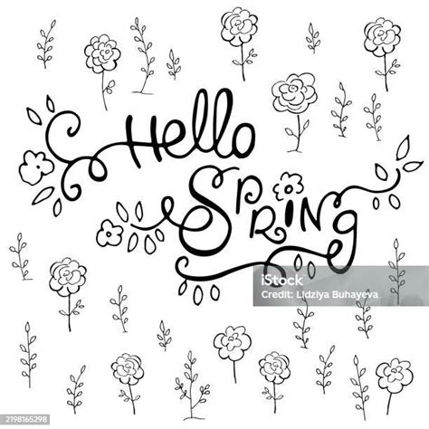 잉크 펜 Lettering 안녕하세요 봄과 흰색 배경에 꽃입니다 벡터 일러스트 레이 션 인사말 카드 초대장 엽서 인쇄에 적합합니다 0명에 대한 스톡 벡터 아트 및 기타