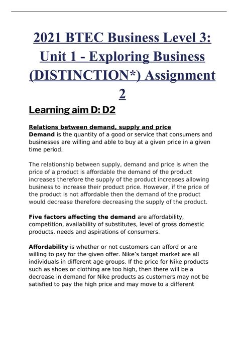 pearson btec level 3 unit 1 exploring business assignment 2 learning aim d distinction