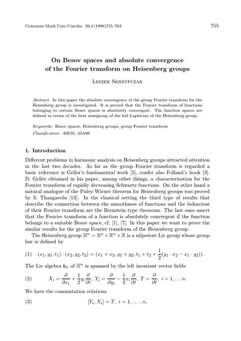 Pdf On Besov Spaces And Absolute Convergence Of The Fourier Transform On Heisenberg Groups