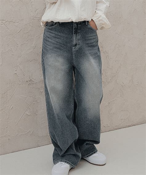 빅사이즈 30 36 와이드 데님 팬츠 일자핏 청바지 그레이블루 워싱 키큰녀 에이블리