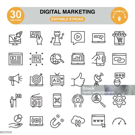 디지털 마케팅 아이콘 세트 편집 가능한 스트로크 픽셀 완벽한 아이콘 세트에는 명함 연구 비즈니스 콘텐츠 메가폰 텔레비전 라디오