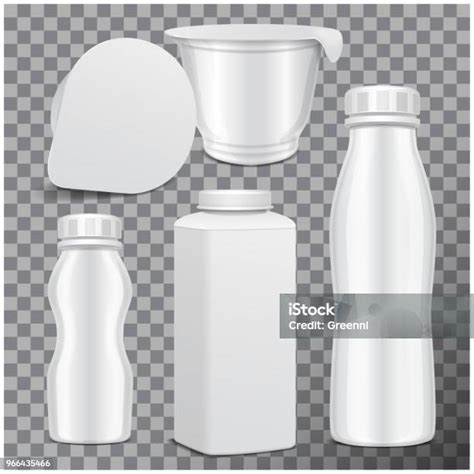 벡터 플라스틱 병 세트 그리고 낙농 제품에 대 한 라운드 흰색 광택 플라스틱 남 비 우유 요구르트 크림 디저트 음료 현실 이랑 서식 파일 3차원 형태에 대한 스톡 벡터 아트