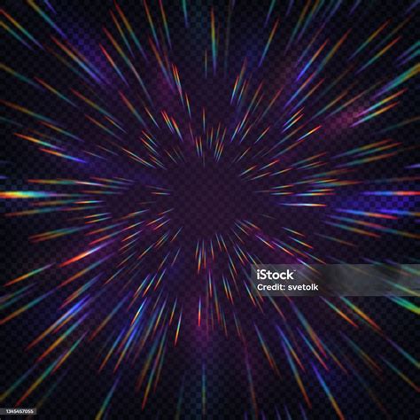 어두운 투명 한 배경에 고립 된 무지개 후광선 홀로그램 렌즈 플레어 반사 프리즘 방사형 굴절 선빔의 벡터 사실적인 그림 프리즘에